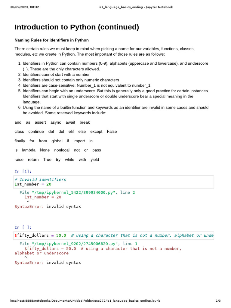 Le1 Language Basics Ending - Jupyter Notebook | PDF | Reserved Word | Python (Programming Language)