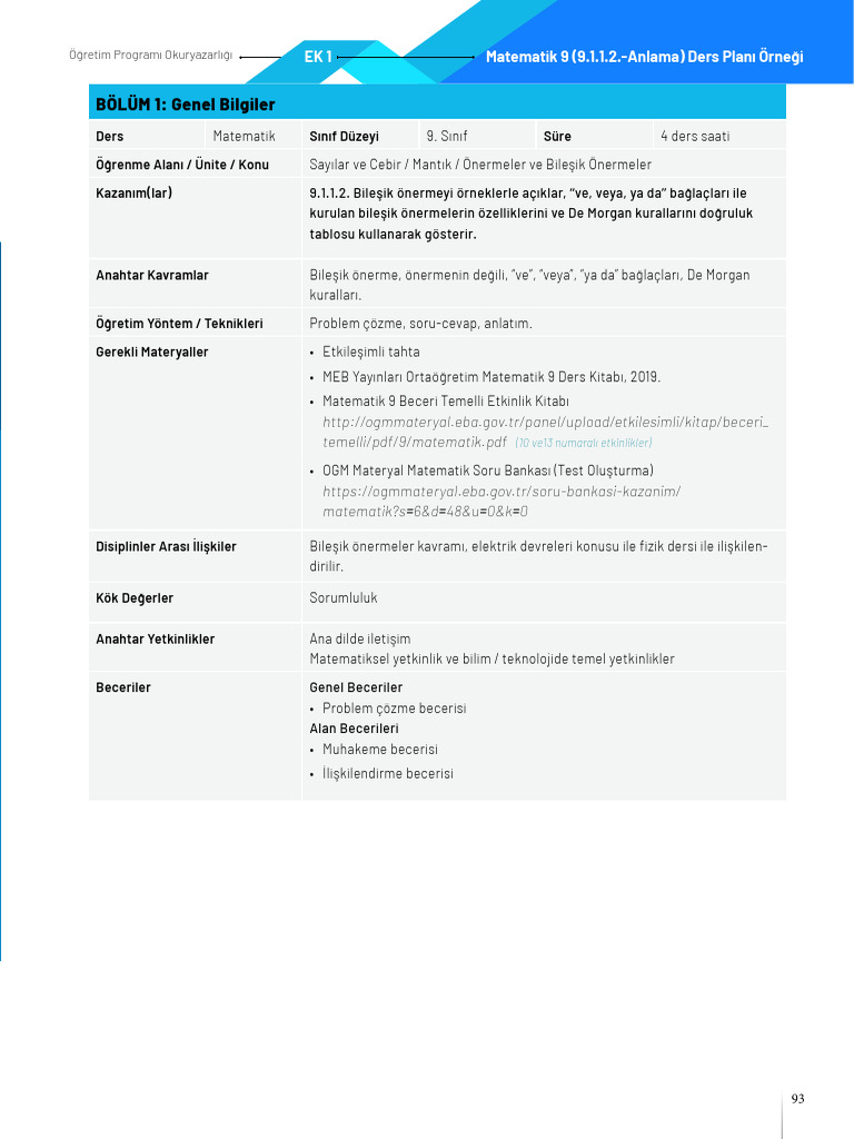 Ogretim - Programi - Okuryazarligi Ders Plan | PDF