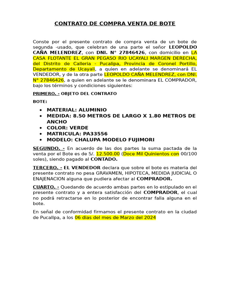 Contrato de Venta de Bote Usado | PDF