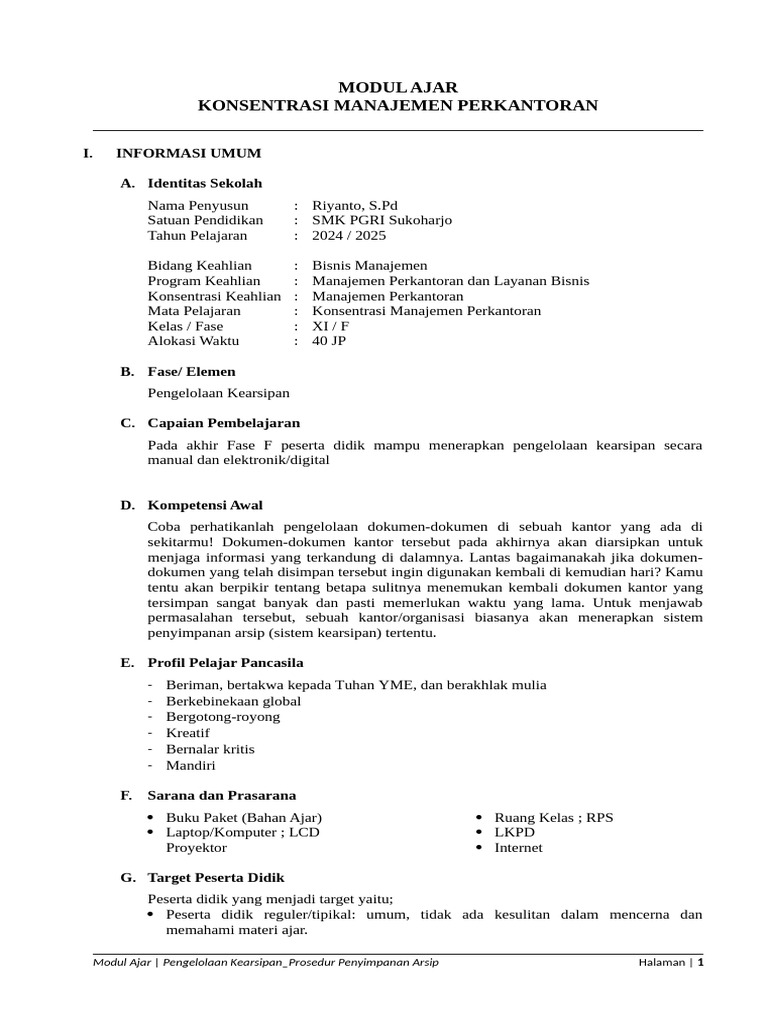 Riyanto - Modul Ajar - Kearsipan | PDF