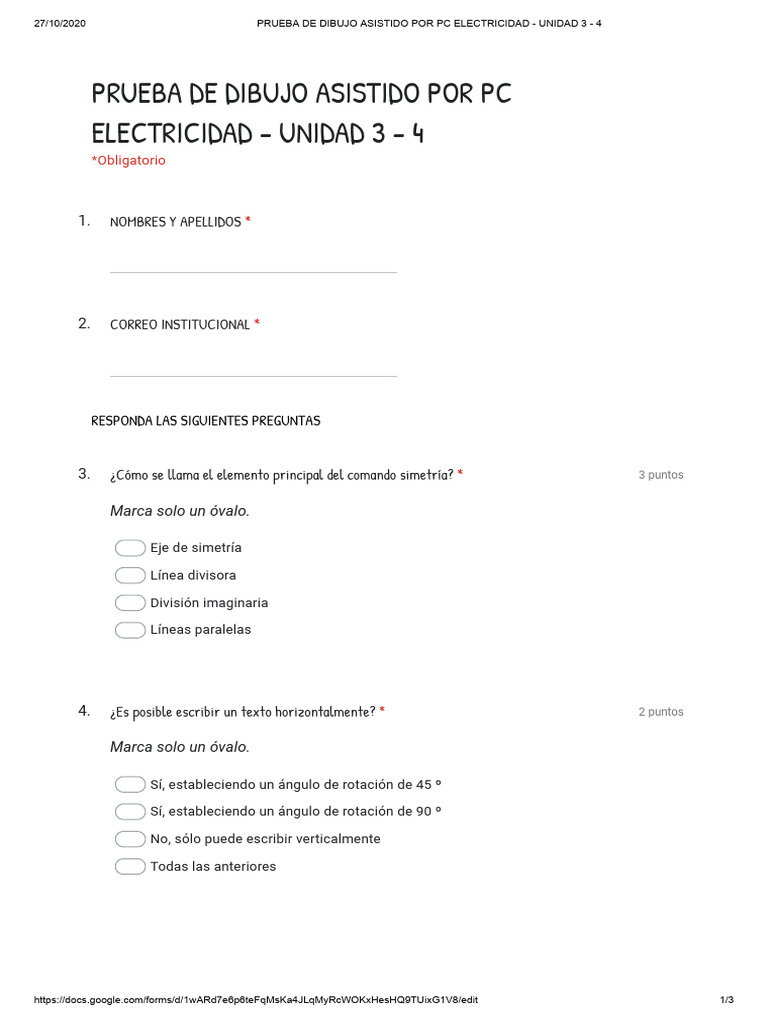 PRUEBA DE DIBUJO ASISTIDO POR PC ELECTRICIDAD - UNIDAD 3 - VACIO Formularios de Google | PDF ...
