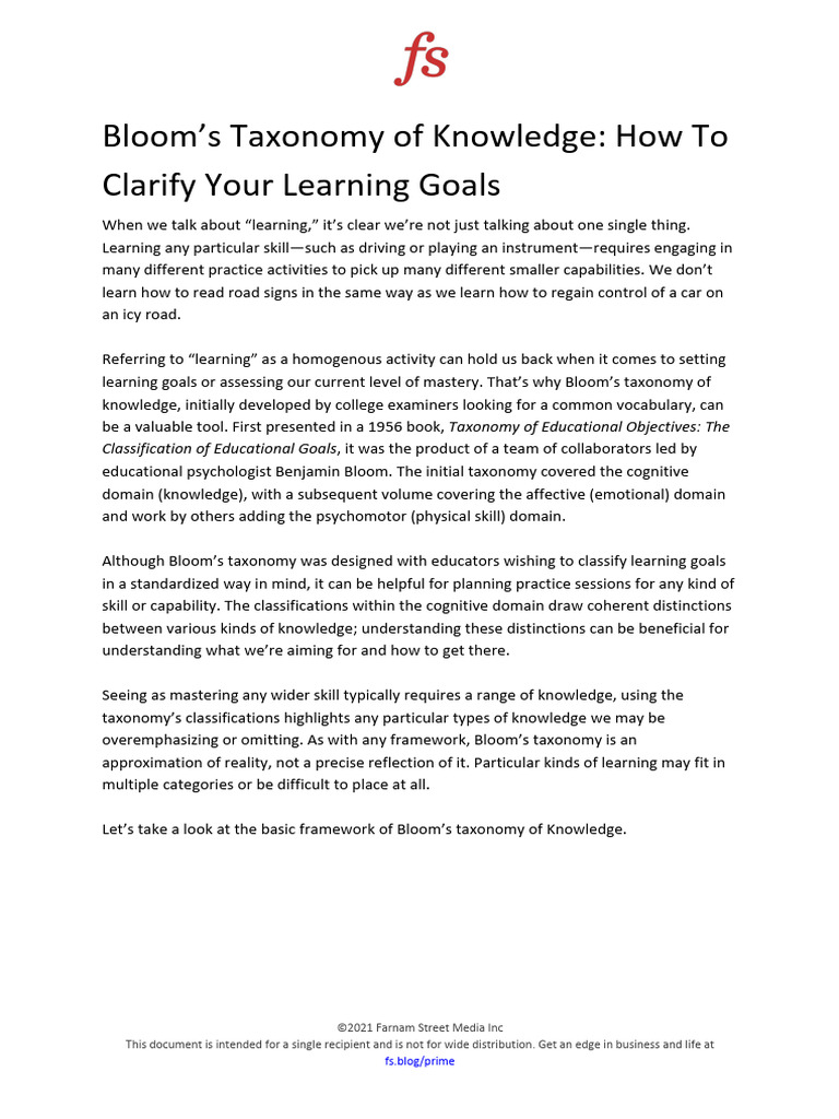 Bloom’s+Taxonomy+of+Knowledge+How+To+Clarify+Your+Learning+Goals | PDF ...