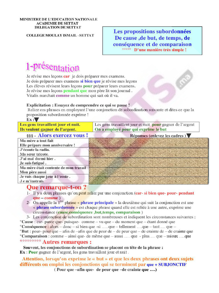 Les Propositions Subordonnées Français 2AC | PDF
