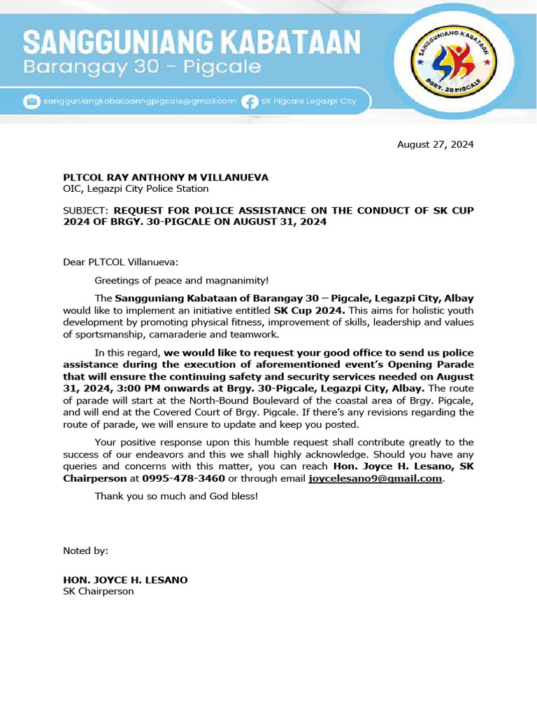 Request for Police Assistance SK Cup 2024 | PDF
