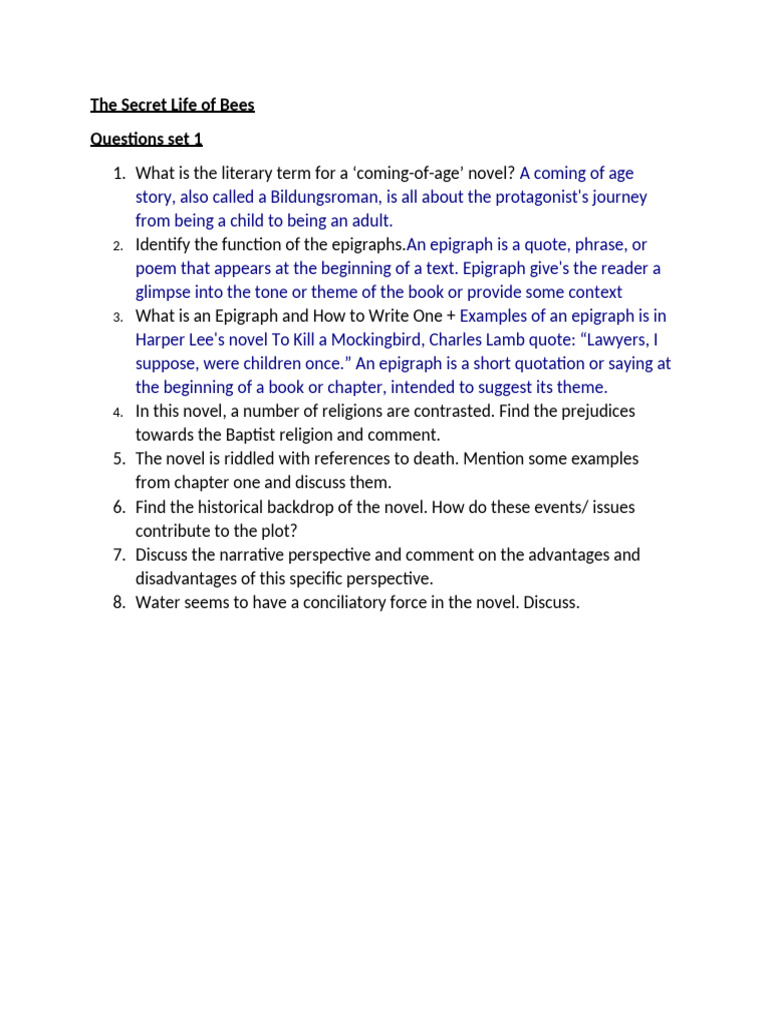 Questions on The Secret Life of Bees | PDF