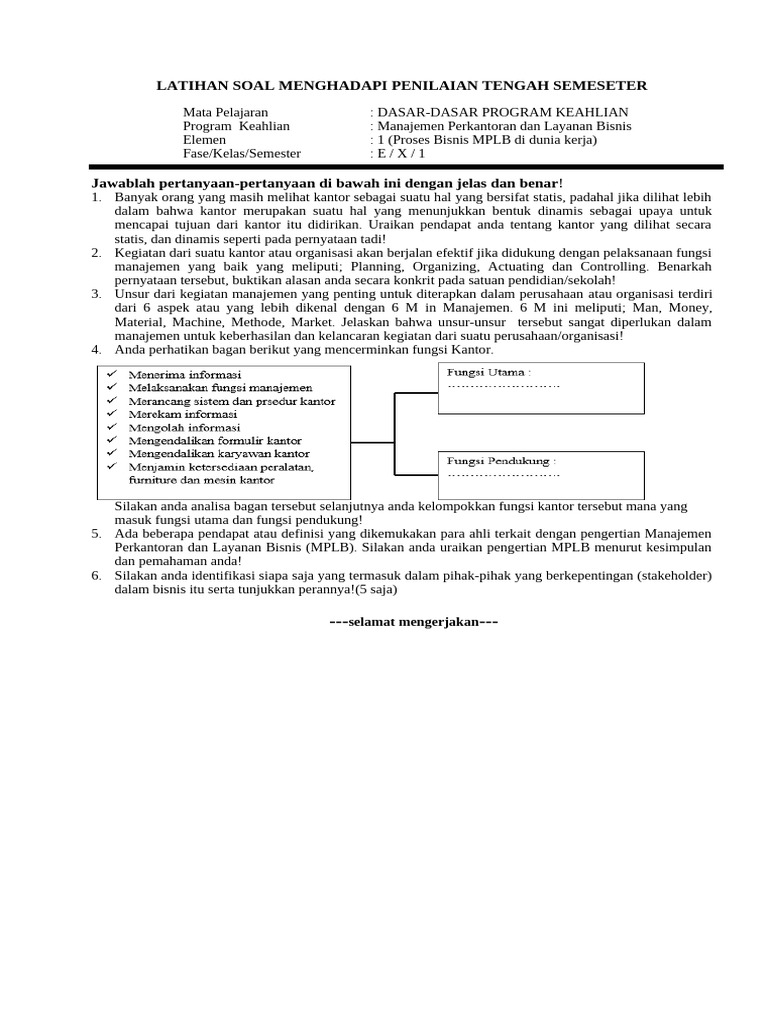 Latihan Soal - Elemen 1 Proses Bisnis MPLB Di Dunia Kerja X MPLB | PDF