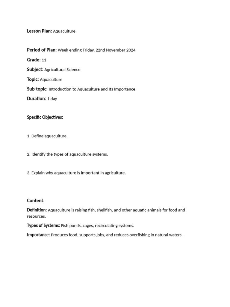 Agriculture Science Lesson Plan | PDF | Aquaculture | Lesson Plan