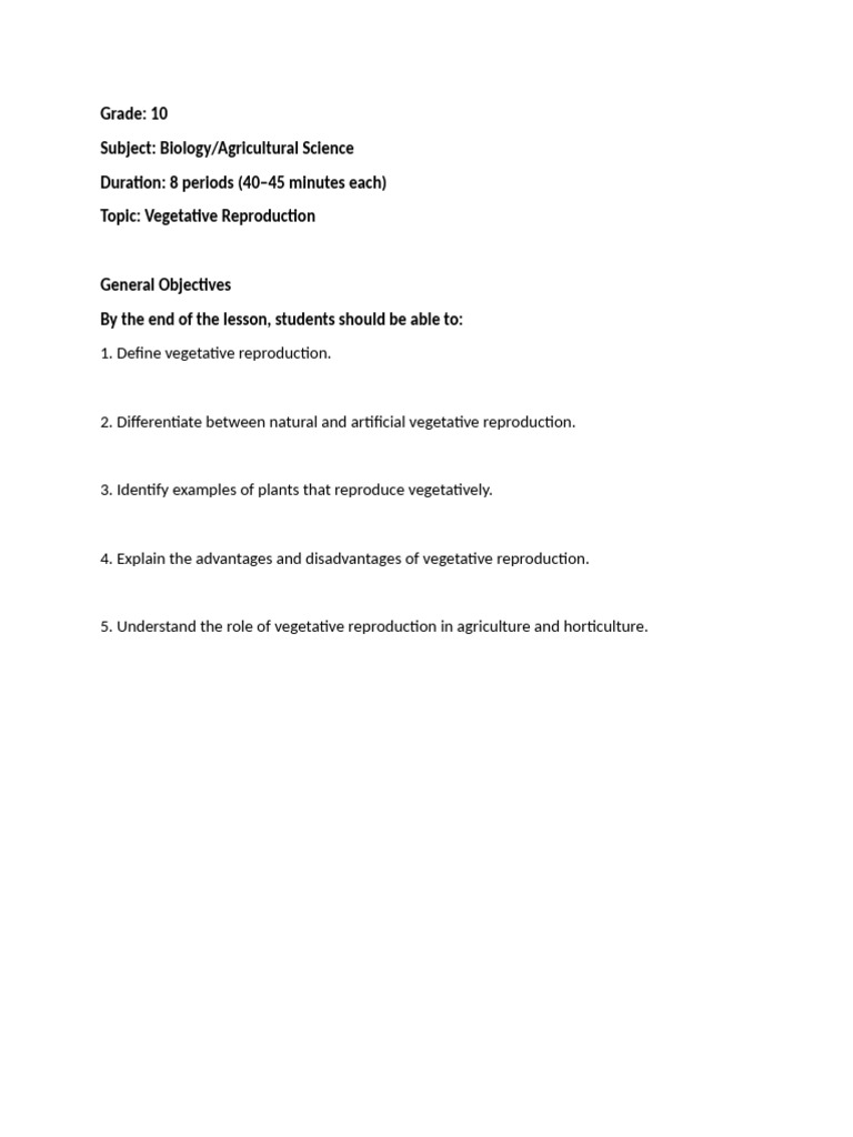 Vegetative Reproduction Lesson Plan | PDF | Reproduction | Plants