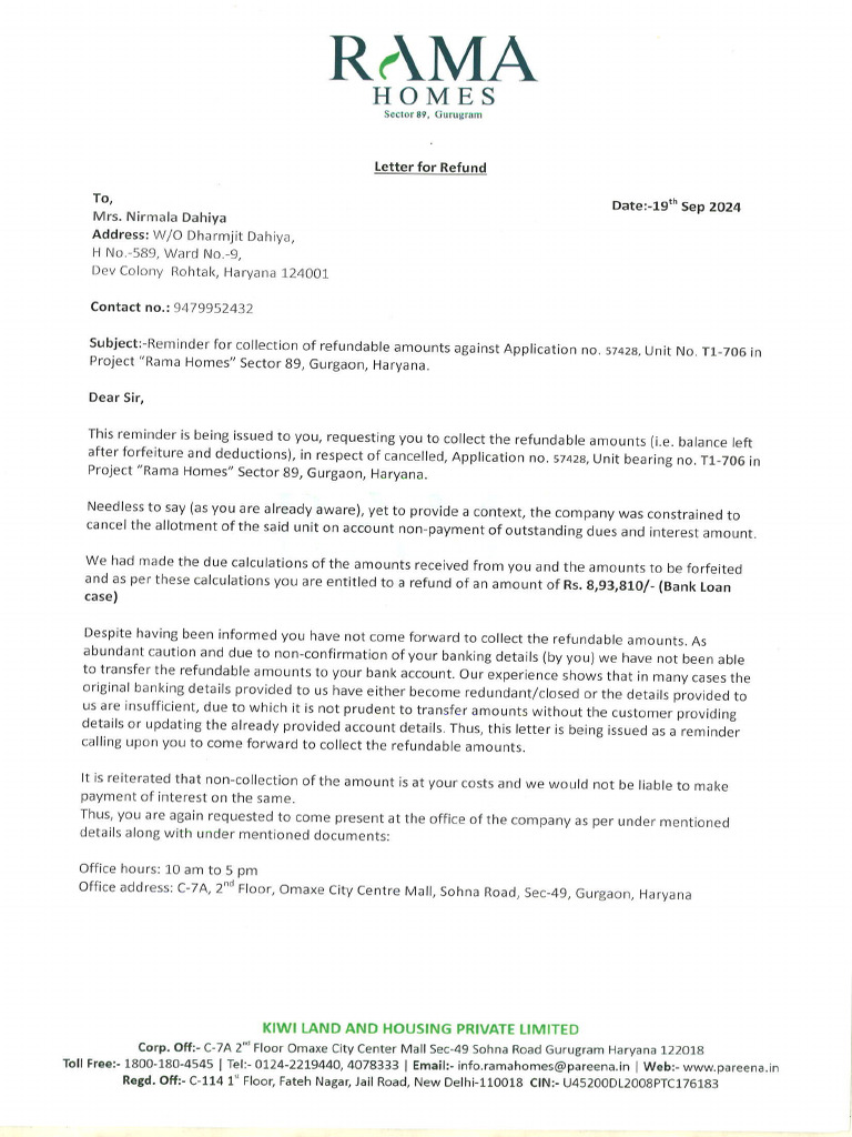 Letter For Refund, 57428, T1-706, Mrs. Nirmala Dahiya, Rama Homes-1 | PDF