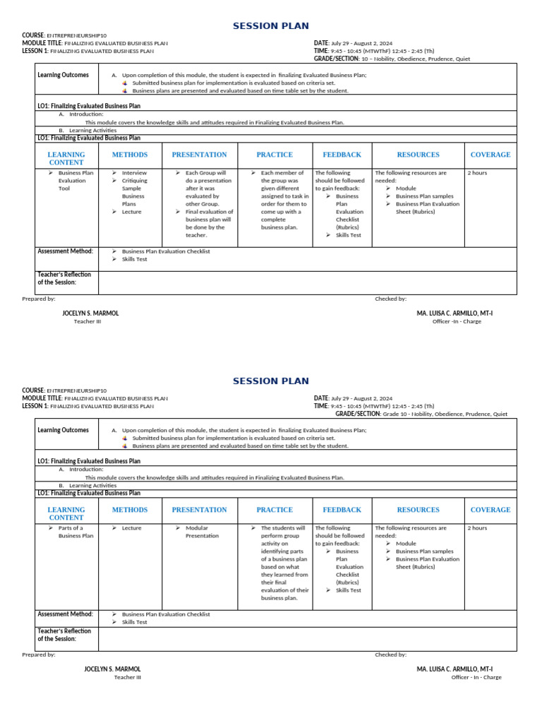 Entrep Session Plan 2024 | PDF | Teachers | Educational Assessment