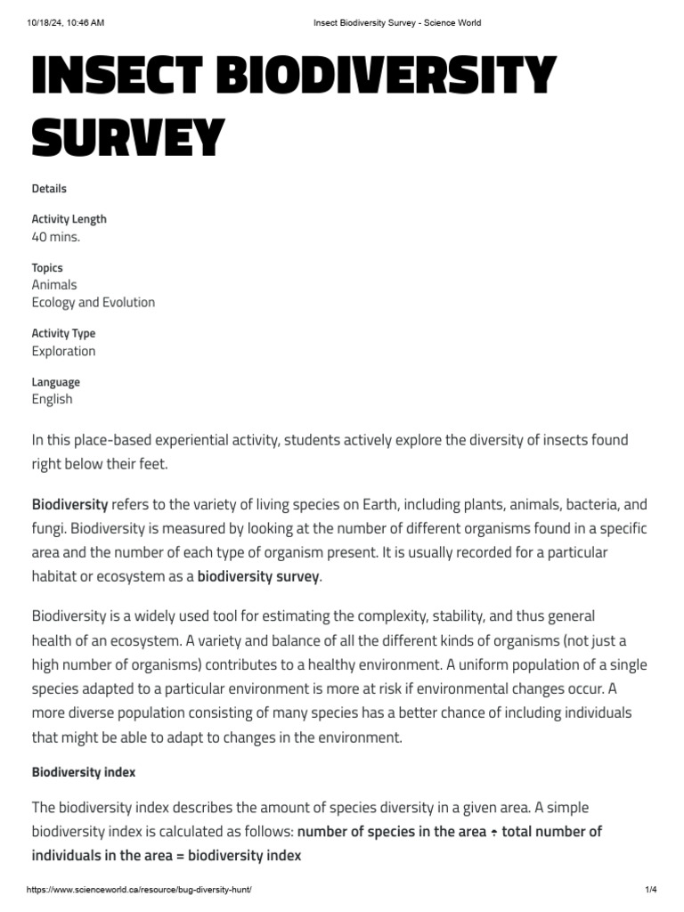 Insect Biodiversity Survey - Science World | PDF | Biodiversity ...