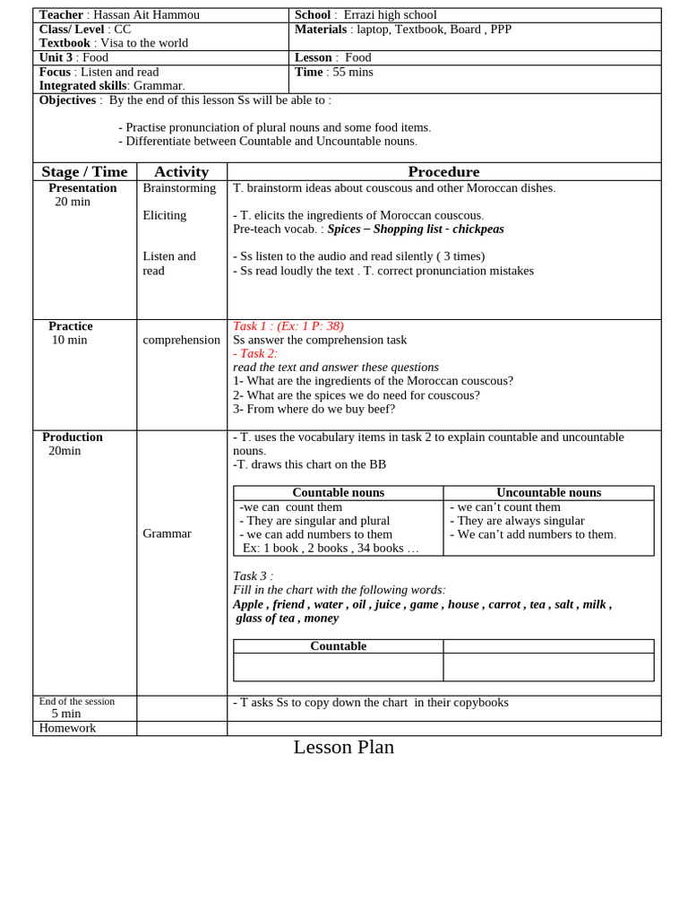 VISA U3 Lesson Plan Listen and Read CC | PDF | Noun | Linguistics