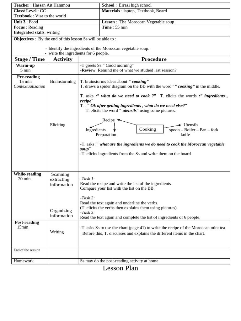 VISA U3 Lesson Plan Reading Read A Recipe CC | PDF | Cooking | Foods