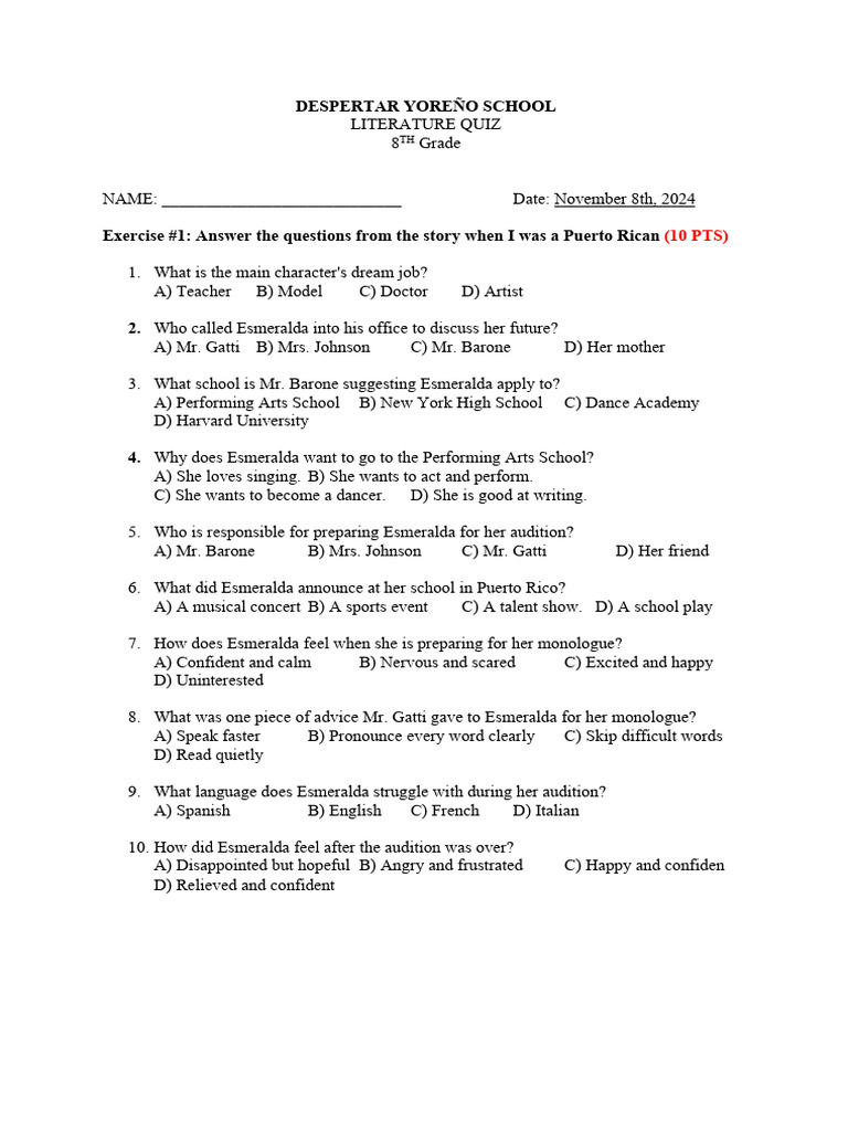 2025 Literature Quiz for 8th Grade | PDF