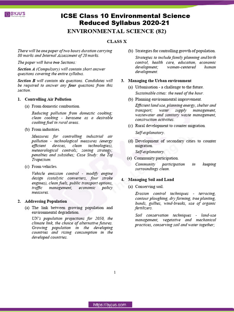ICSE Class 10 Environmental Science Reduced Syllabus For 2020 21 | PDF ...