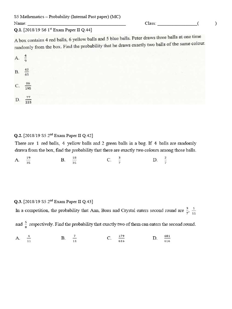 S5 Mathematics - Probability (Internal Past Paper) (MC) | PDF