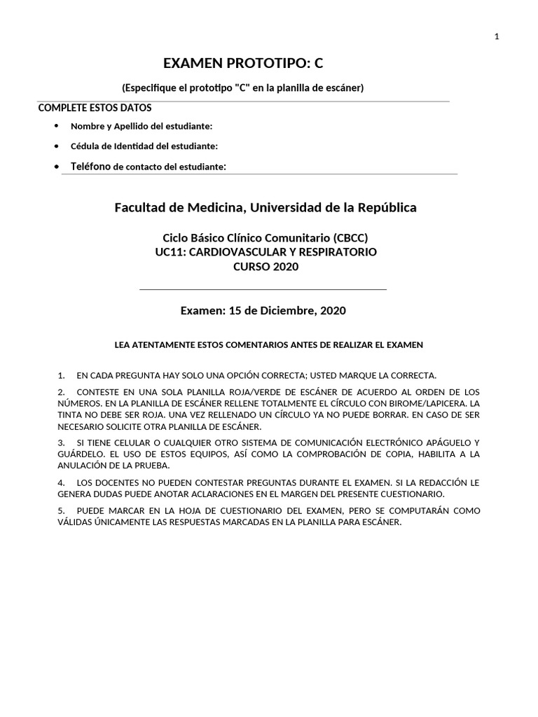 Examen diciembre 2020 prototipo C | PDF | Electrocardiografia | Corazón