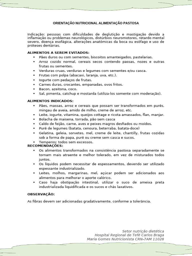 Guia de Alimentação Pastosa para Deglutição | PDF | Caldo | Alimentos