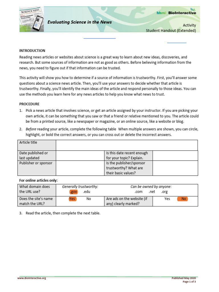 Day 1 Criteria For Evaluating Sources Student Handout | PDF | Grammar ...