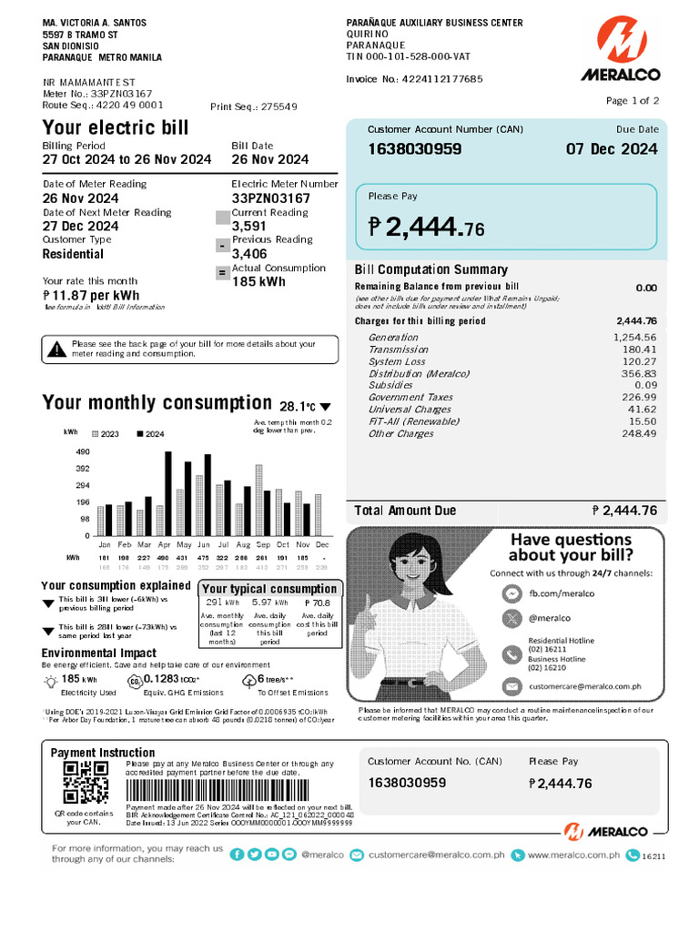 Meralco Receipt - 430201940101 - 11262024 - 2 | PDF | Banks | Subsidy