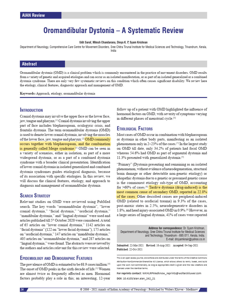 Oromandibular Dystonia A Systematic Review. | PDF | Dystonia | Clinical ...