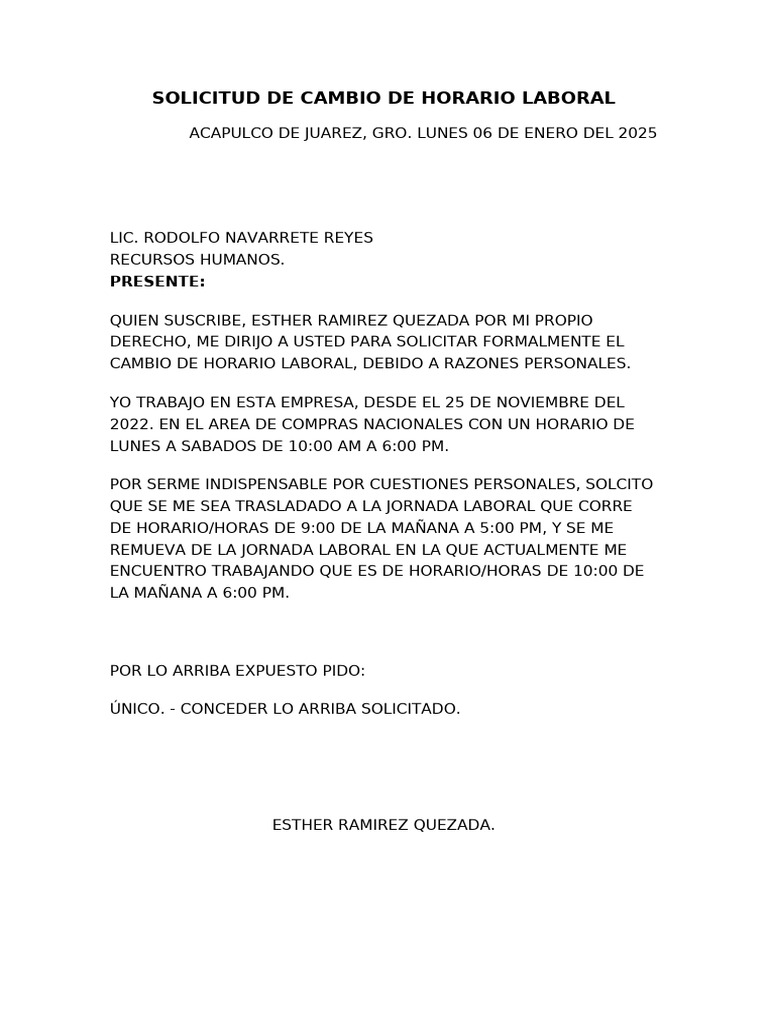 Solicitud de Cambio de Horario | PDF | Relaciones laborales | Labor