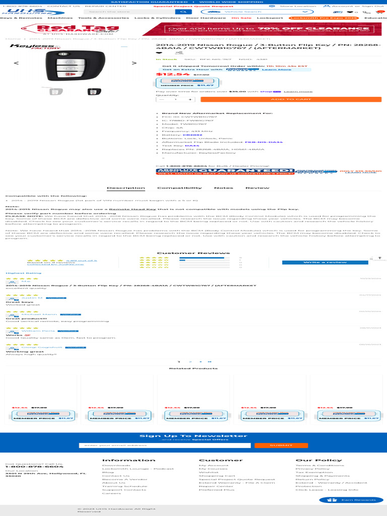 2014-2019 Nissan Rogue 3-Button Flip Key PN 28268-4BA1A CWTWB1G - UHS ...
