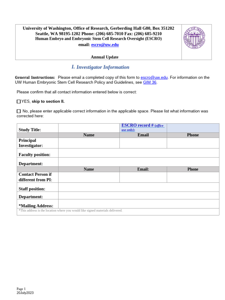 ESCRO Annual Update Form | PDF | Reproduction | Cells