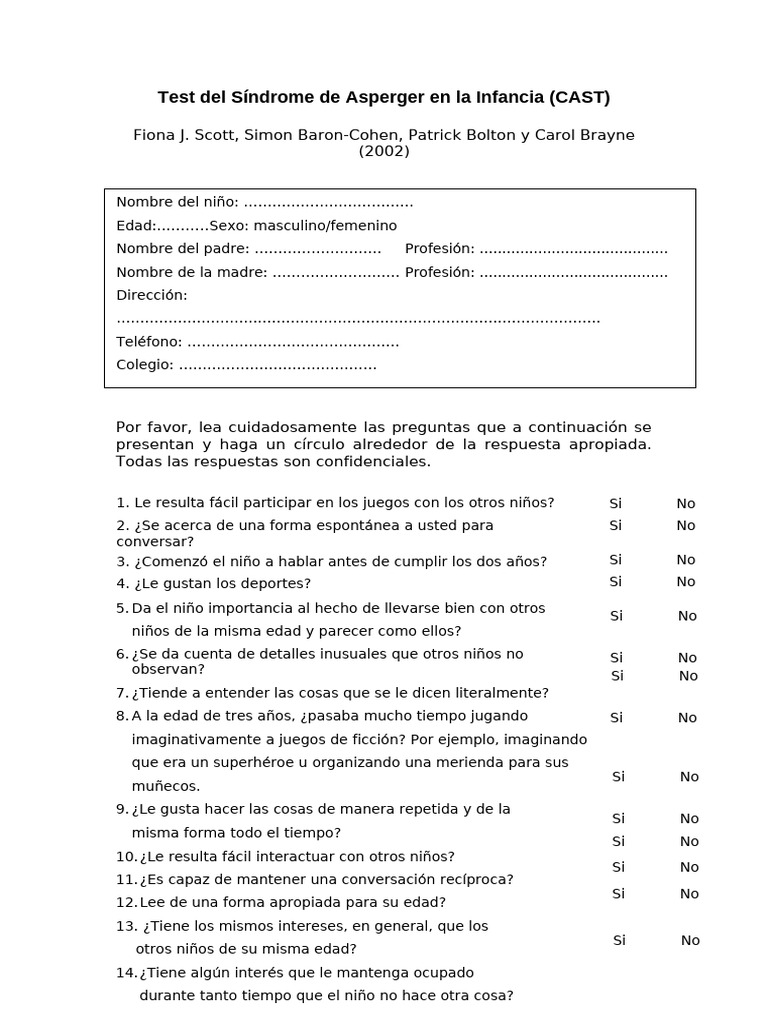CAST Test Del Sndrome de Asperger en La Infancia | PDF | Espectro autista