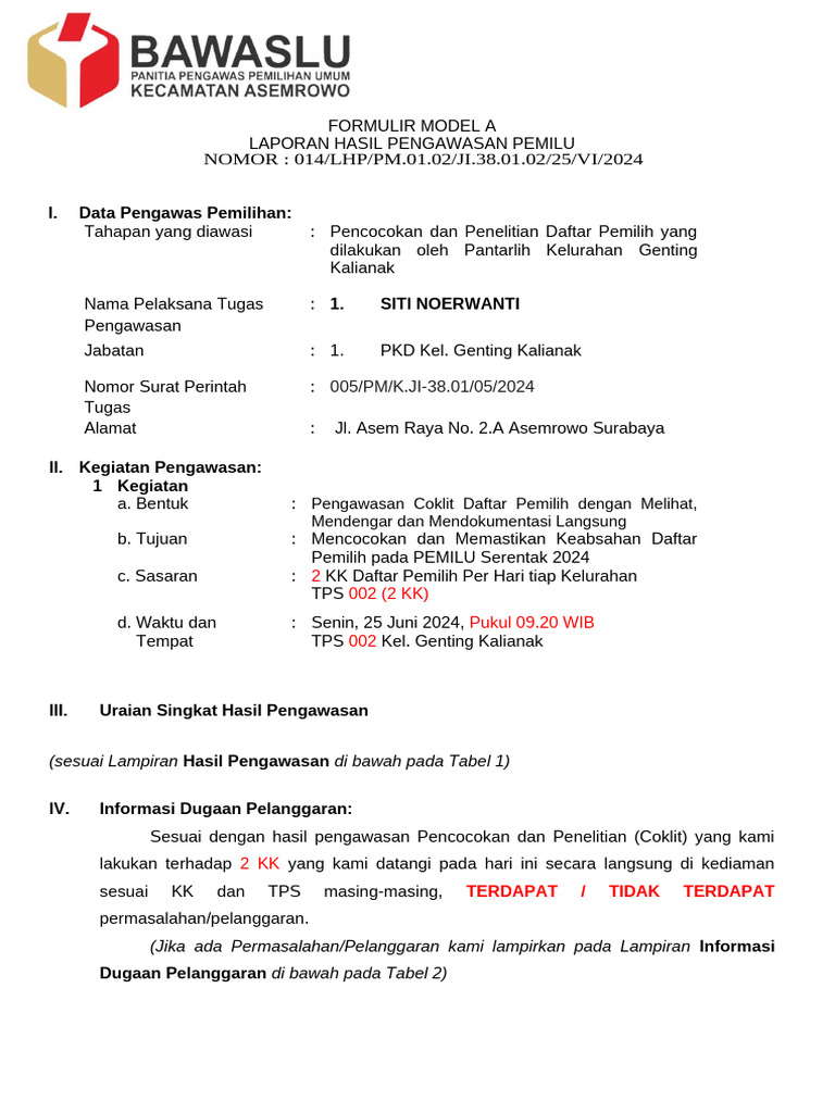 FORM A WASKAT TANGGAL 25 JUNI 2024 Kel. GENTING KALIANAK | PDF