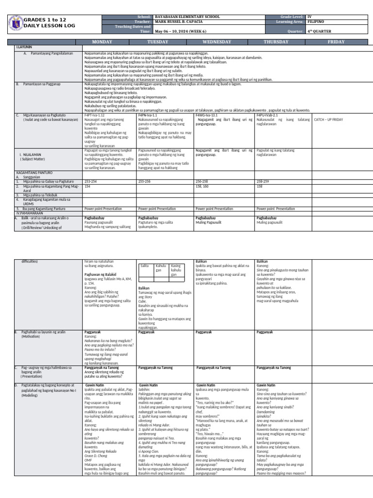 DLL - Filipino 4 - Q4 - W1 | PDF