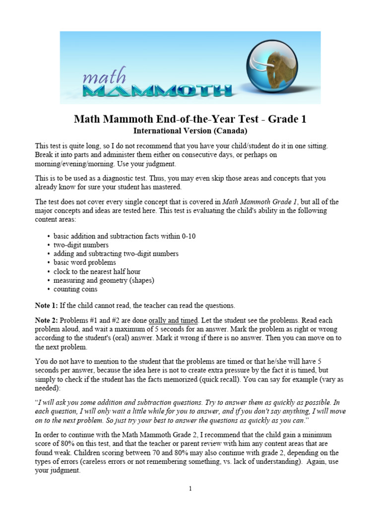 End of Year Test Grade1 Ca | PDF | Cognition