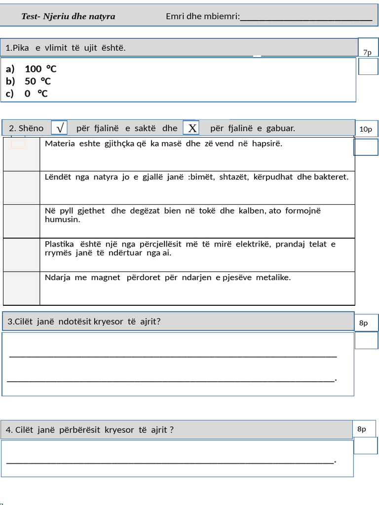Test Njeriu Dhe Natyra KL e 4 | PDF