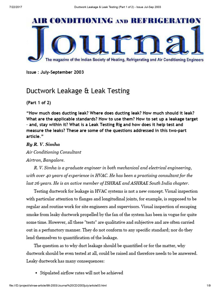 Ductwork Leakage & Leak Testing | PDF | Duct (Flow) | Leak