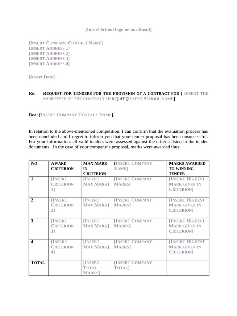Letter to Unsuccessful Tenderers for Open Procedure | PDF