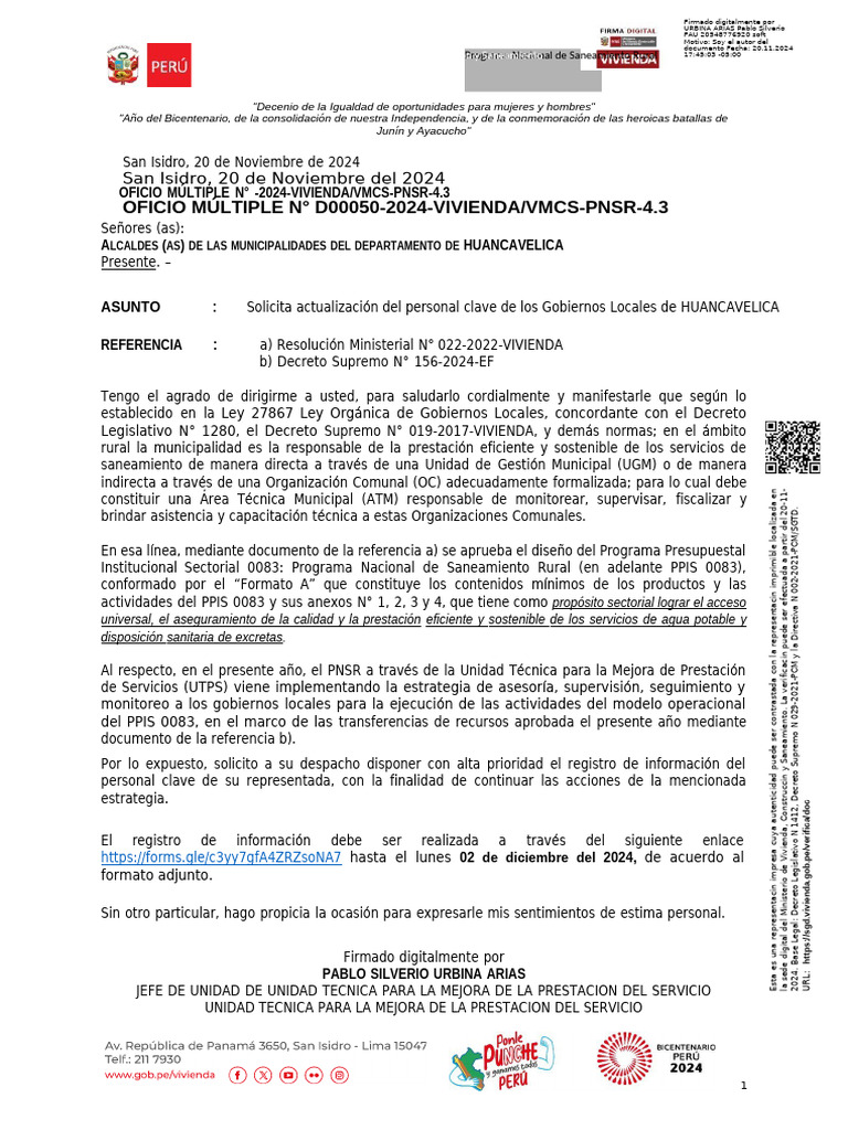 Oficio M Ltiple d00050 2024 Vmcs PNSR 4.3 | PDF