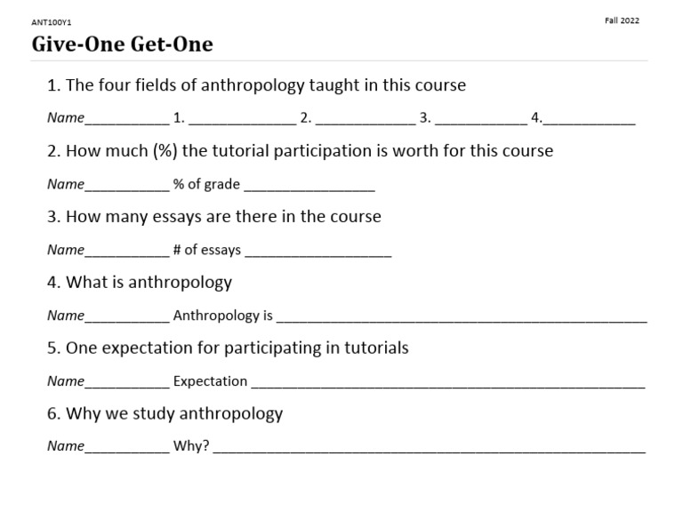 Tutorial 1 - Give Get Handout ANT100 UOFT | PDF