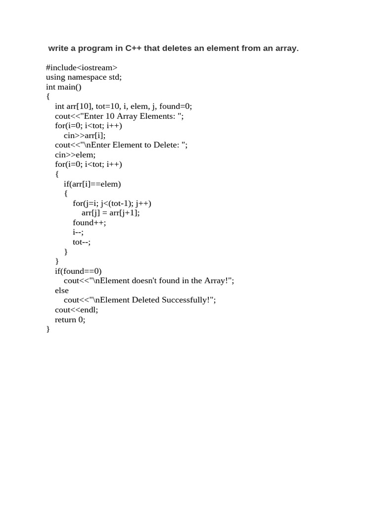 C++ Program to Delete Array Element | PDF