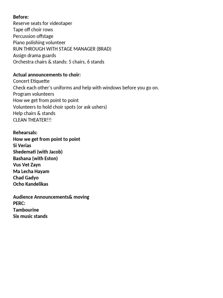Choir Concert Rehearsal Checklist | PDF | Performing Arts | Music ...