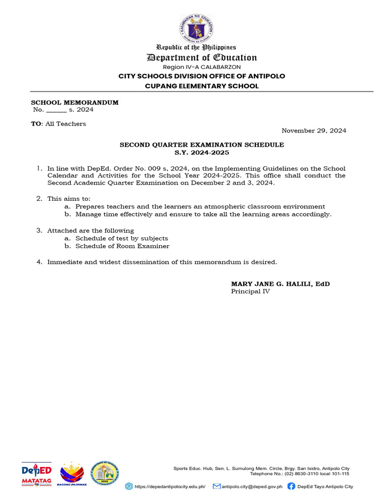 2nd Quarter Exam Schedule 2024-2025 | PDF | Social Institutions ...