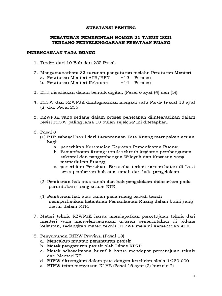 Ringkasan PP 21 Tahun 2021 TTG Penyelenggaraan Penataan Ruang | PDF