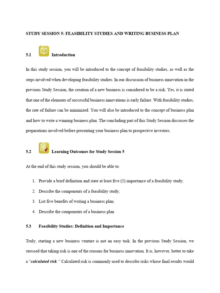 Study Session 5 - Feasibility Studies and Writing Business Plan | PDF ...