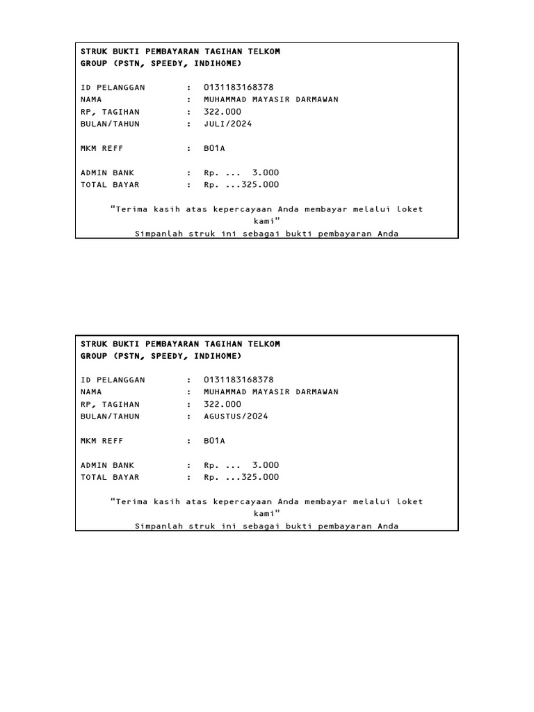 Struk Bukti Pembayaran Tagihan Telkom | PDF