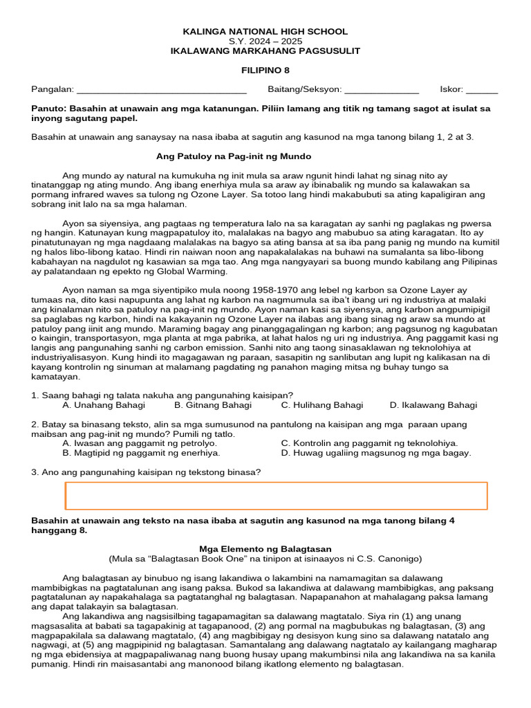 2nd FILIPINO 8 EXAM | PDF