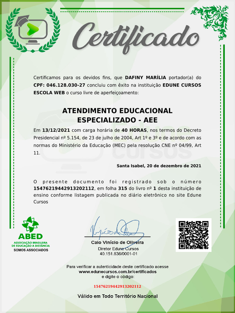 Certificado de Curso AEE - DAFINY MARÍLIA | PDF