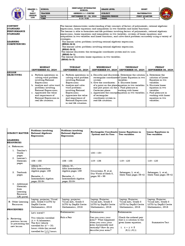 DLL MATH 8 WEEK 5 | PDF | Cartesian Coordinate System | Equations