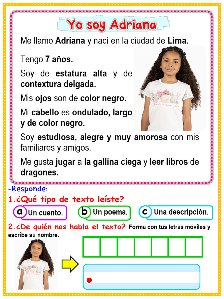 Ficha Leemos Una Descripción de Una Niña Adriana - Maestra Janet | PDF