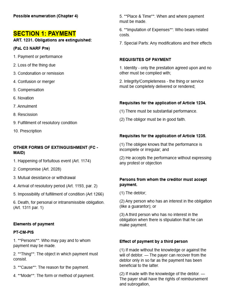 OBLICON CHAP 4 Possible Enumeration | PDF | Assignment (Law) | Debt