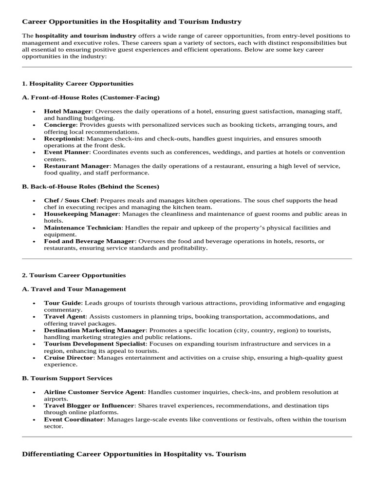 Career Opportunities in The Hospitality and Tourism Industry | PDF ...