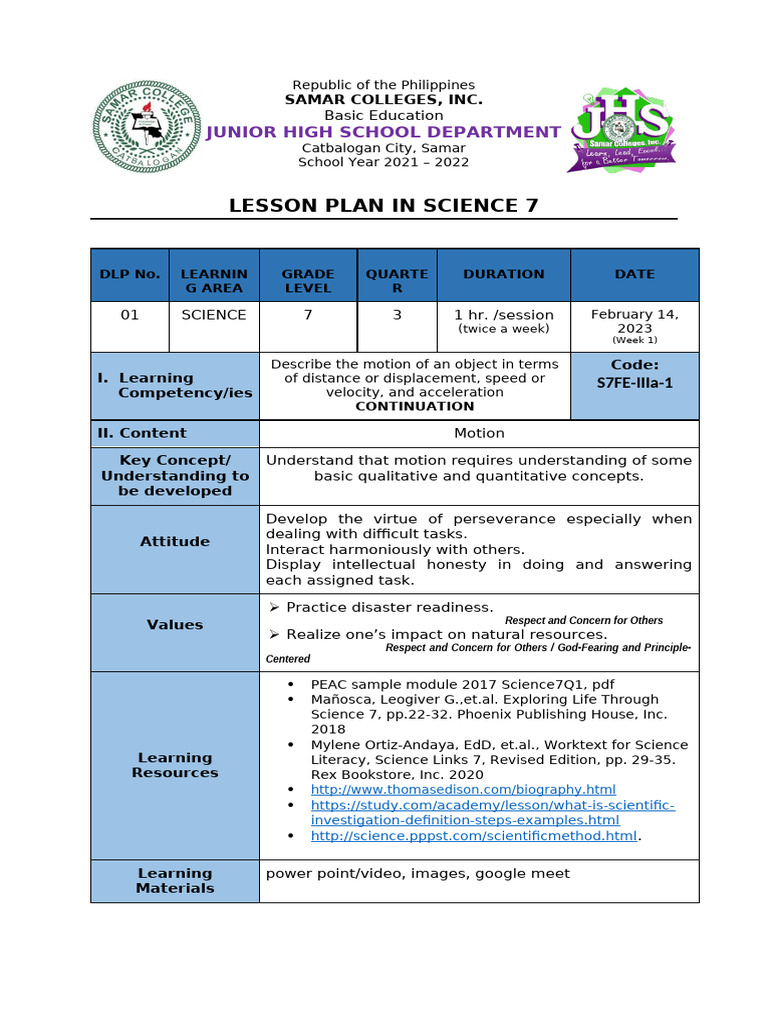 Science 7 Lesson Plan: Motion Concepts | PDF | Velocity | Speed